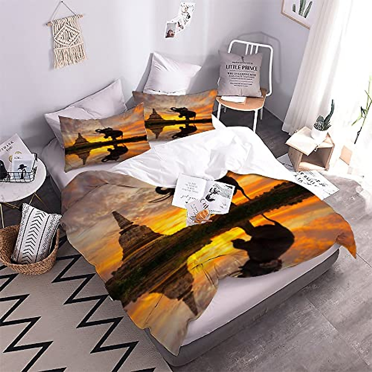 Quilt Cover Twin Size Ancient Pagoda in Thailand 3D Bedding Sets Elephant Duvet Cover Breathable Hypoallergenic Stain Wrinkle Resistant Microfiber with Zipper Closure,beding Set with 2 Pillowcase