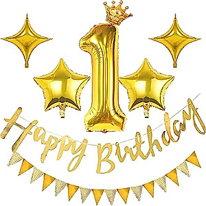 WEIKA 1st Birthday Decorations First Birthday Party Kit 32 Inch Number 1 Balloon 3D Letters Happy Birthday Banner Crown Foil Balloon Star Aluminum Ballons For Baby Shower Boys Girls Birthday(Gold)