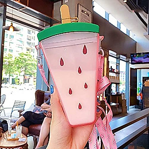 Cute Water Bottles with Straw | Kids Adjustable Shoulder Strap | Watermelon Ice Cream Water Jug | Anti-Fall Portable Popsicle Transparent Drink Bottle (B-Red)
