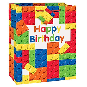 Unique Building Blocks Birthday Party Paper Gift Bag, 10" x 12", Multicolor
