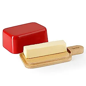 Sweese 323.104 Butter Dish with Lid and Handle, Porcelain Butter Keeper and Extended Wooden Lid, Red