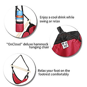 ONCLOUD Hammock Chair Hanging Swing Seat Air Deluxe Rope Through Beech Wood Bars, Drink Holder & Fuller Pillow Safer Relax for Indoor Outdoor 250Lbs, Red