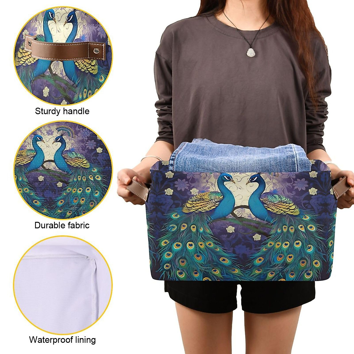 xigua Peacocks Pattern Storage Bins Foldable Canvas Fabric Storage Basket with Handles for Organizing, Large Storage Baskets for Shelves Closet
