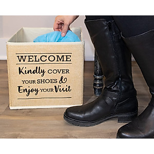 Premium Linen Look Foldable Shoe Cover Bin - Indoor Real Estate Bootie Box Perfect Supply for an Open House (11x11 Shoe Cover Bin, Linen)