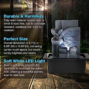 IRONWALLS 3-Tier Desktop Water Fountain Indoor, 11” Relaxation Tabletop Waterfall Fountain with LED Light, Zen Meditation Desk Fountain for Home, Living Room, Bedroom, Office Feng Shui Decor