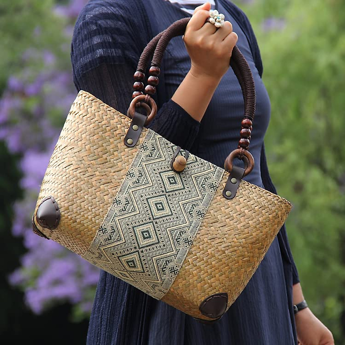 QTKJ Straw Bag for Women, Summer Beach Handmade Rattan Tote Bag, Boho Retro Straw Woven Handbag, Large Beach Vacation Bag (Natural)