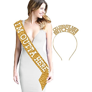 RhinestoneSash I'm Outta Here Gold Glitter Sash and Celebrate Me Headband - 2PC SET - Retirement, Graduation Party Supplies Gold Set