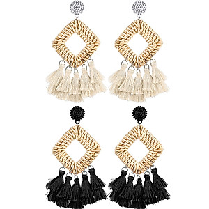 meekoo 2 Pairs Rattan Tassel Earrings Bohemian Statement Woven Dangle Fringe Earrings Ethnic Tassel Drop Earrings Vintage Jewelry for Women (Black and White)