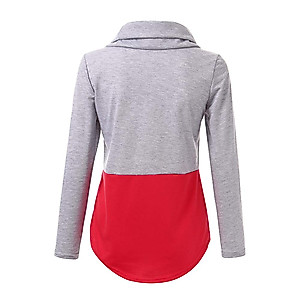 Women Cowl Neck Color Block Long Sleeve Tunic Sweatshirt Pullover Tops Turtleneck Patchwork Shirt Blouse Top Red