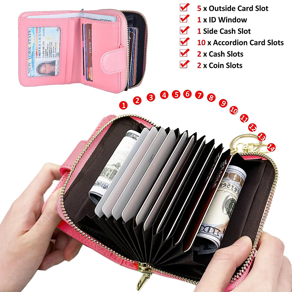 Beurlike Women's RFID Credit Card Holder Organizer Case Leather Security Wallet (Upgrade a (10 Accordion/Key Ring) - Pink)