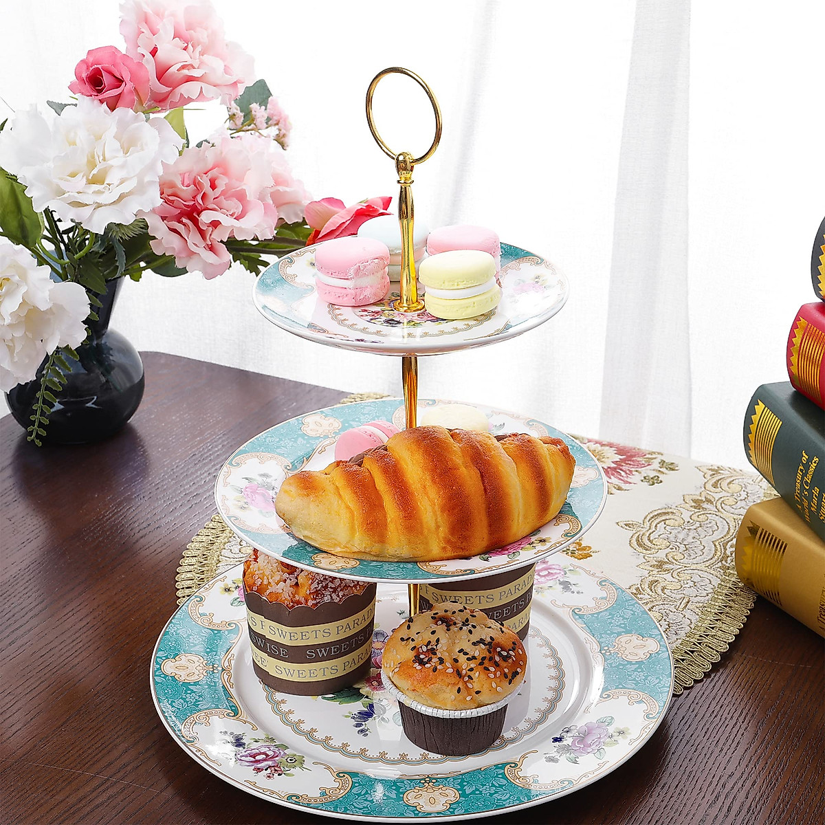 fanquare 3 Tier Porcelain Cake Stand, Blue Vintage Cupcake Stand, Display Tower Tray for Party, Birthday, Wedding