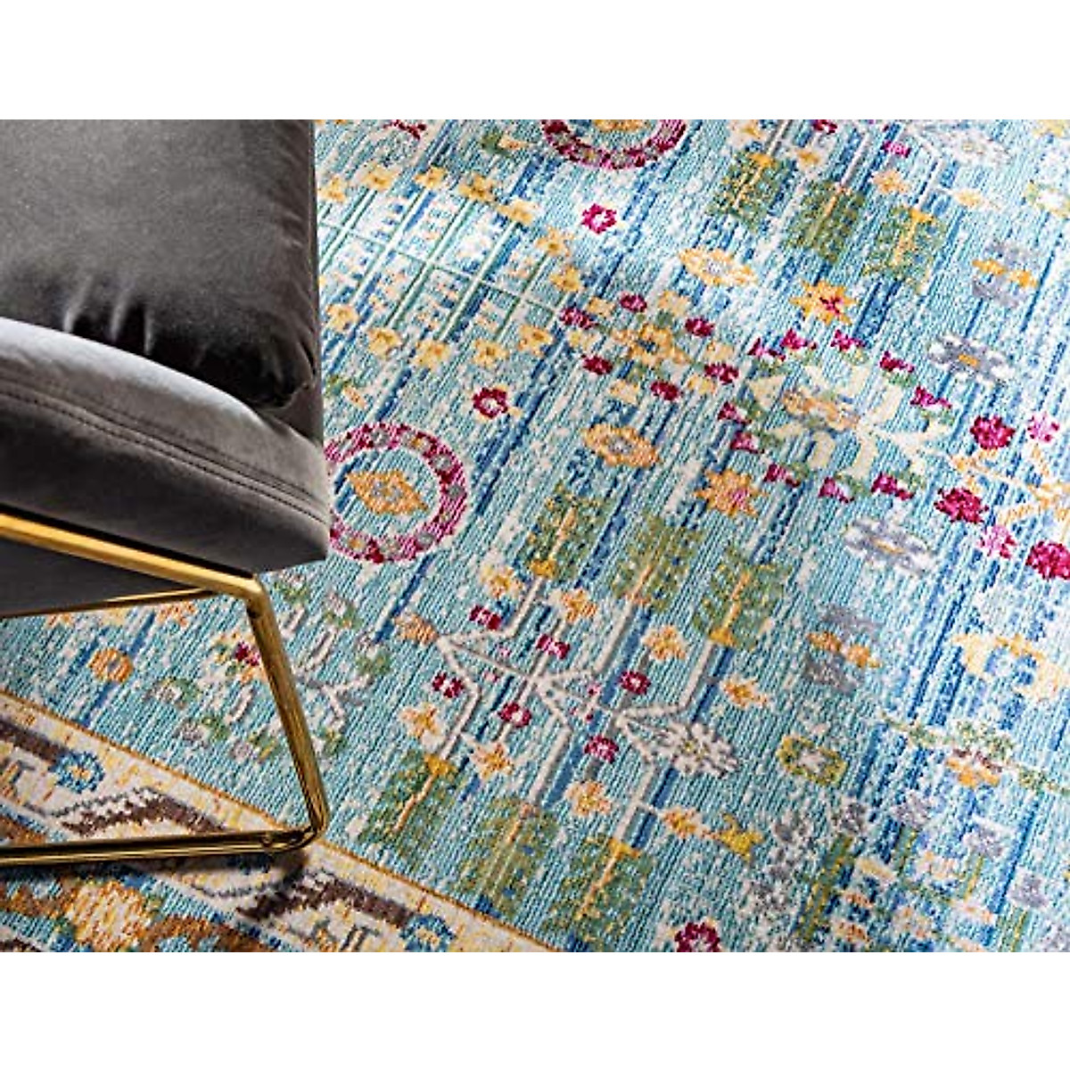 Unique Loom Austin Collection Traditional Border, Floral, Vintage Area Rug, 8' 0" x 10' 0", Blue/Green