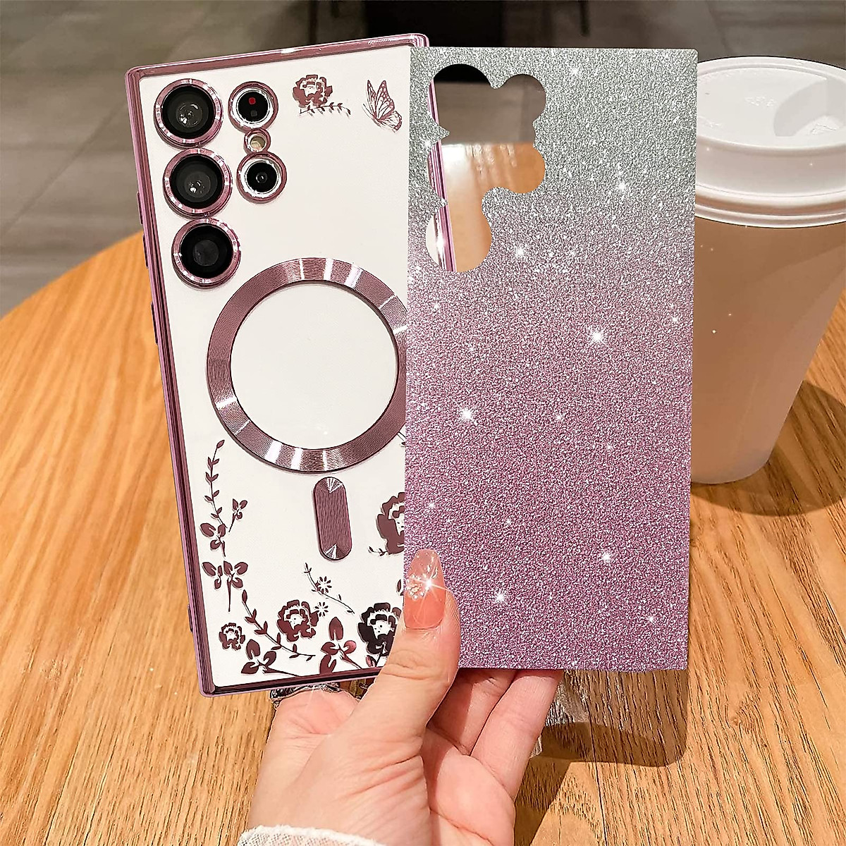 LSL Magnetic Case for Samsung Galaxy S23 Ultra with Camera Protection [Compatible with MagSafe][Strong Magnetic] Luxury Plating Soft TPU Shockproof Glitter Flower Phone Case for Women Girls, Pink