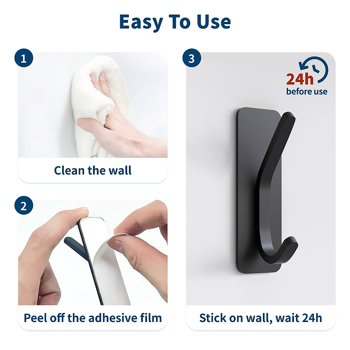 GWAAZXGZ Adhesive Towel Hooks for Wall - Black Adhesive Hooks Stick on Wall for Hanging Towel, Robe, Self Adhesive Dual Hooks for Bathroom, Kitchen, 4 Pack