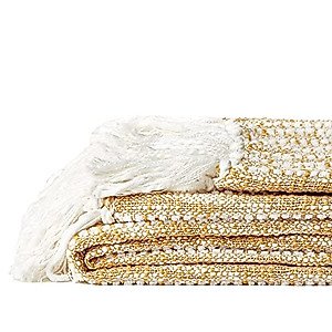 LA JOLIE MUSE Cotton Knit Throw Blanket 50 × 60 Inch -Cozy Turmeric Yellow and White Striped Woven Throw Blanket with Tassels for Couch Bedroom, Decorative Blanket Gift for Women