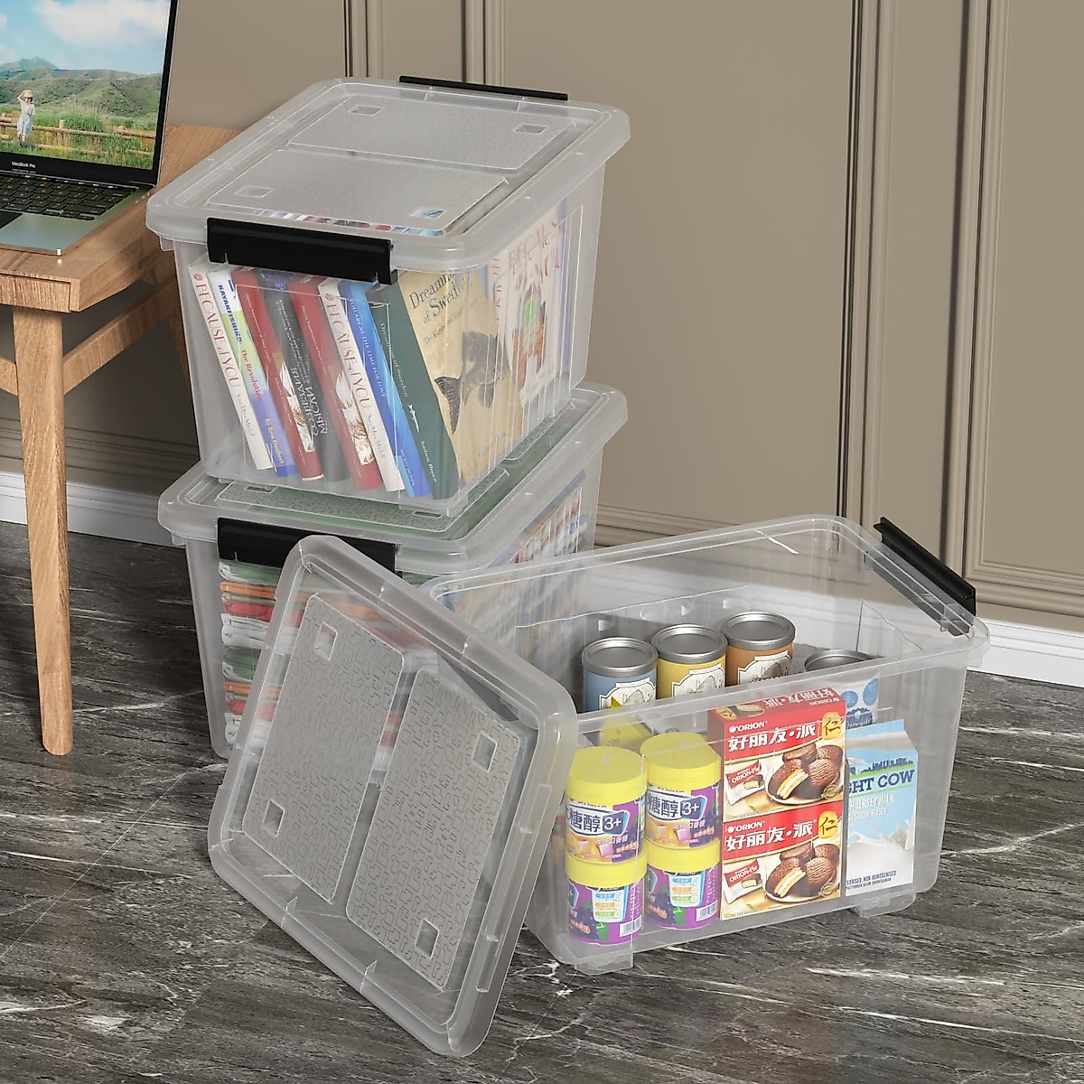Zopnny 30 Quart Plastic Stacker Box, Large Storage Bin Container with Latching Lids and Wheels for Home and Garage Organizing, Shoes, Tools, Clear Base, 4-Pack