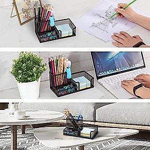 Yunqing Black Mesh Pen Holder - Multipurpose Mesh Desk Organizers Large Capacity Office Supplies with Sticky Notes Holder and 3 Compartments 4 Non-slip Mats Easy Storage Suitable for School, Home