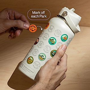 THE GEOPROJECT National Parks Water Bottle with Stickers Kit, Erikas Chesonis Collaboration, Adventure Flask with Straw, Waterproof Stickers for Water Bottle, Insulated Stainless Steel 32oz (Tan)