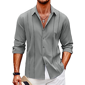COOFANDY Men's Cuban Guayabera Shirts Casual Long Sleeve Button Down Shirt Summer Beach Tops Grey