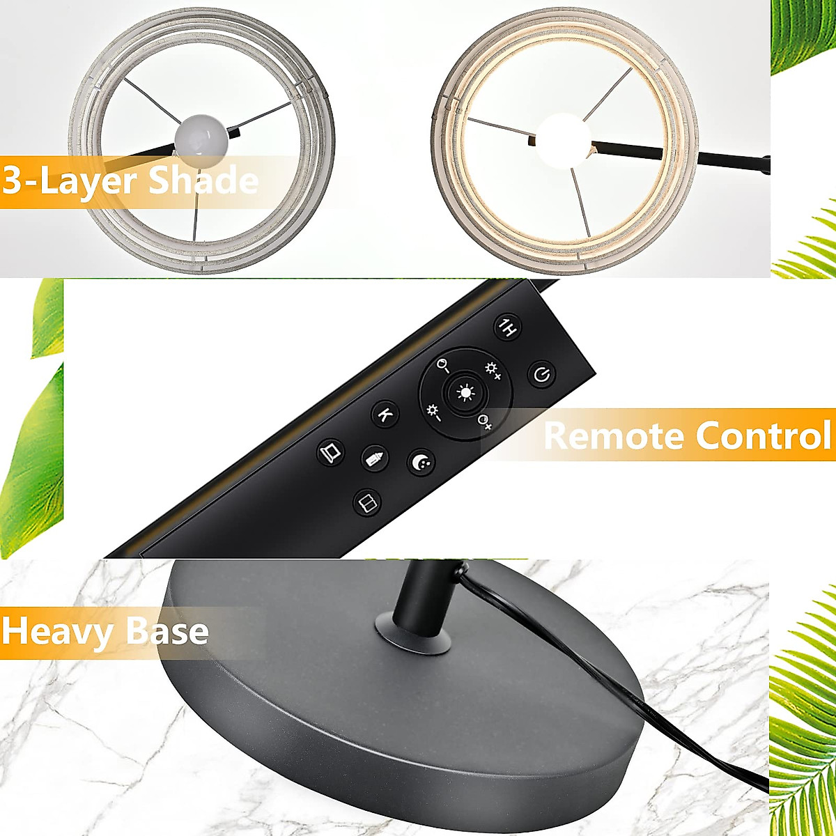 【Upgraded】Remote Control Arc Floor Lamp Stepless Dimmable 3 Color Temperature, Black Tall Pole Lamp, Modern Standing Lamps for Living Room, Bedrooms, Office, Unique 3-Layer Lampshade(Bulb Included)