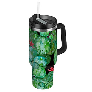 Yasala Car Tumbler with Handle Green Cactus Watercolor Travel Mug Coffee Cup Insulated Beverage Container Mega Cup for Hot Cold Drinking Thermos Water Bottle Cupholder Friendly 40 oz