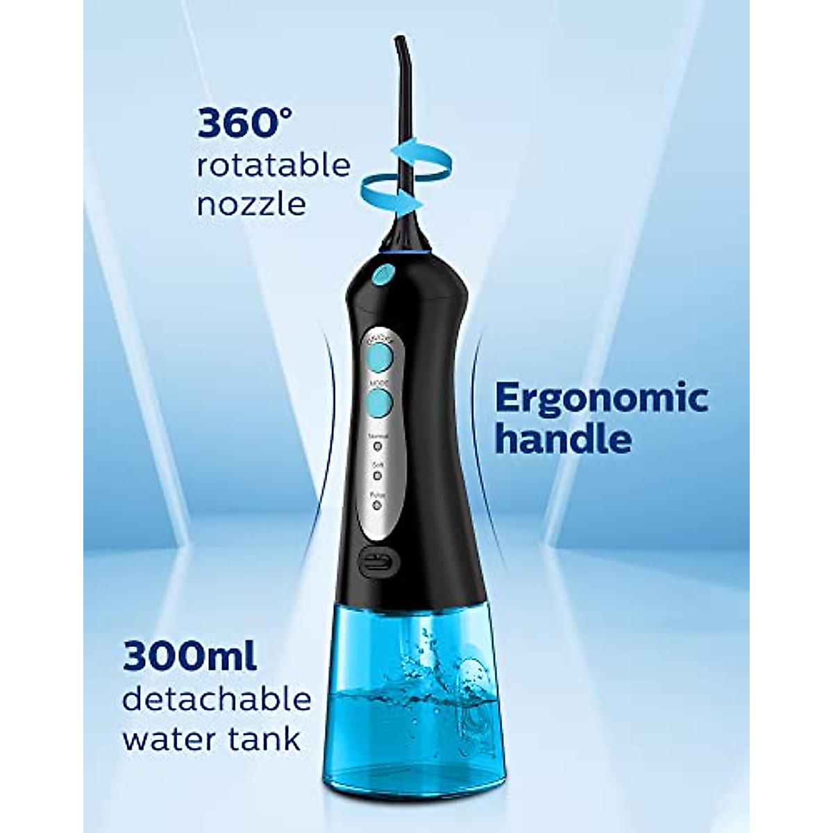 Cordless Water Flosser for Teeth Professional Water Teeth Cleaner Picks Dental Oral Irrigator with 3 Modes & 4 Jet Tips for Braces Gums, IPX7 Waterproof, 300ml Detachable Tank for Home Travel Black