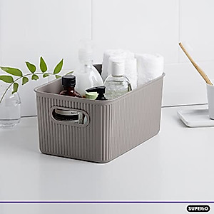 Superio Decorative Plastic Open Home Storage Bins Organizer Baskets, Medium Taupe (4 Pack) Container Boxes for Organizing Closet Shelves Drawer Shelf - Ribbed Collection 5 Liter
