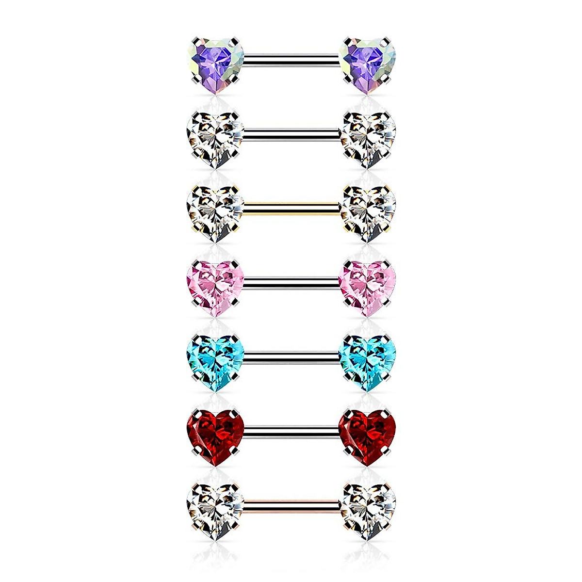 Pierced Owl 14G Stainless Steel Threadless Push-in Prong Set Crystal Heart Nipple Rings, Sold as a Pair (Silver Tone/Red)