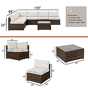 HOMPUS 7-Piece Outdoor Handwoven PE Rattan Wicker L-Shaped Corner Conversation Set Furniture Brown Patio Sectional Sofa Set w Beige Seat Cushions, Glass Coffee Table for Garden,Yard,Pool