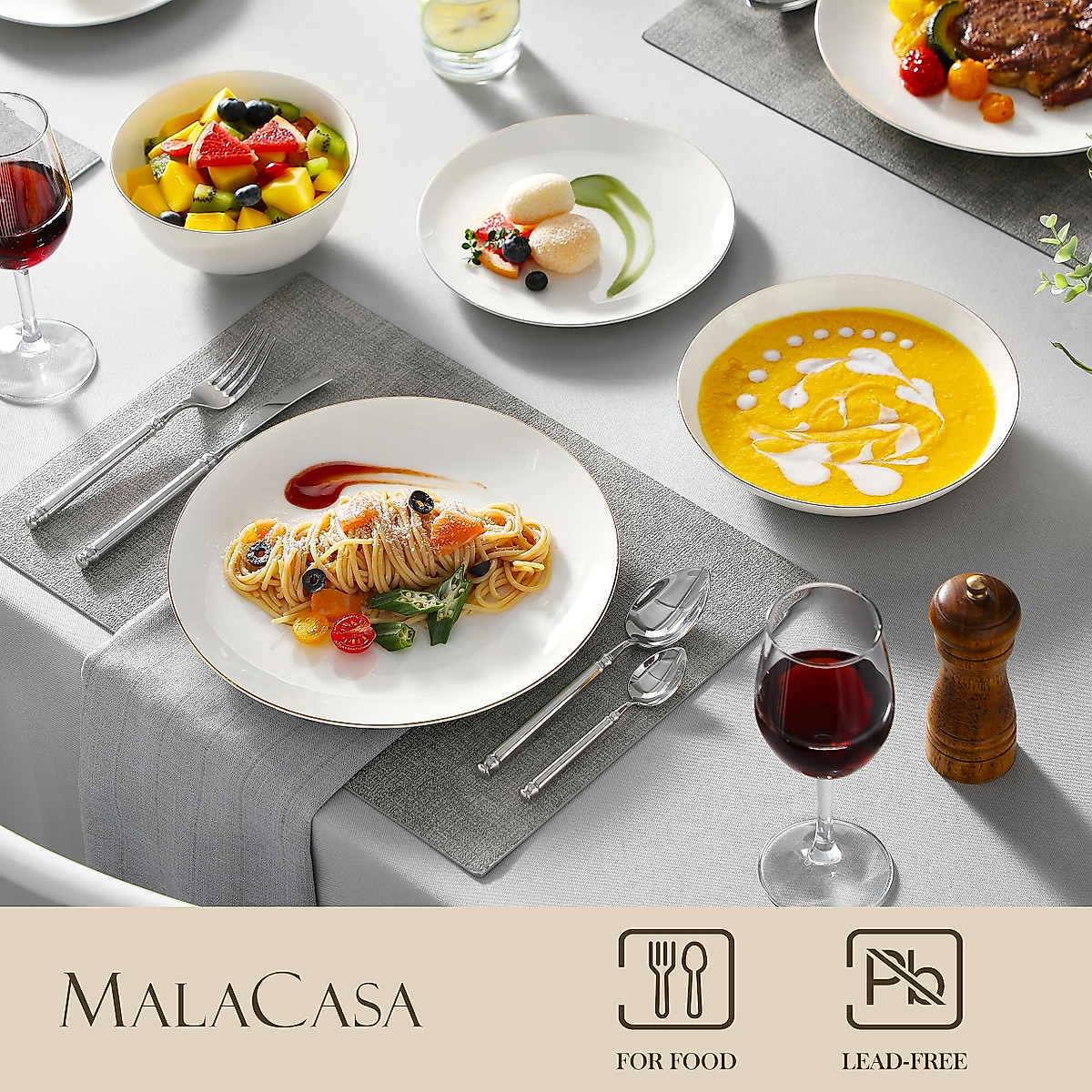 MALACASA Dinnerware Sets for 8, 32 Piece Fine Bone China Dinnerware Set with Golden Rim, Lightweight Round Dinner Set with Dishes, Plates and Bowls Sets, Modern Kitchen Dish Set, Series NORI