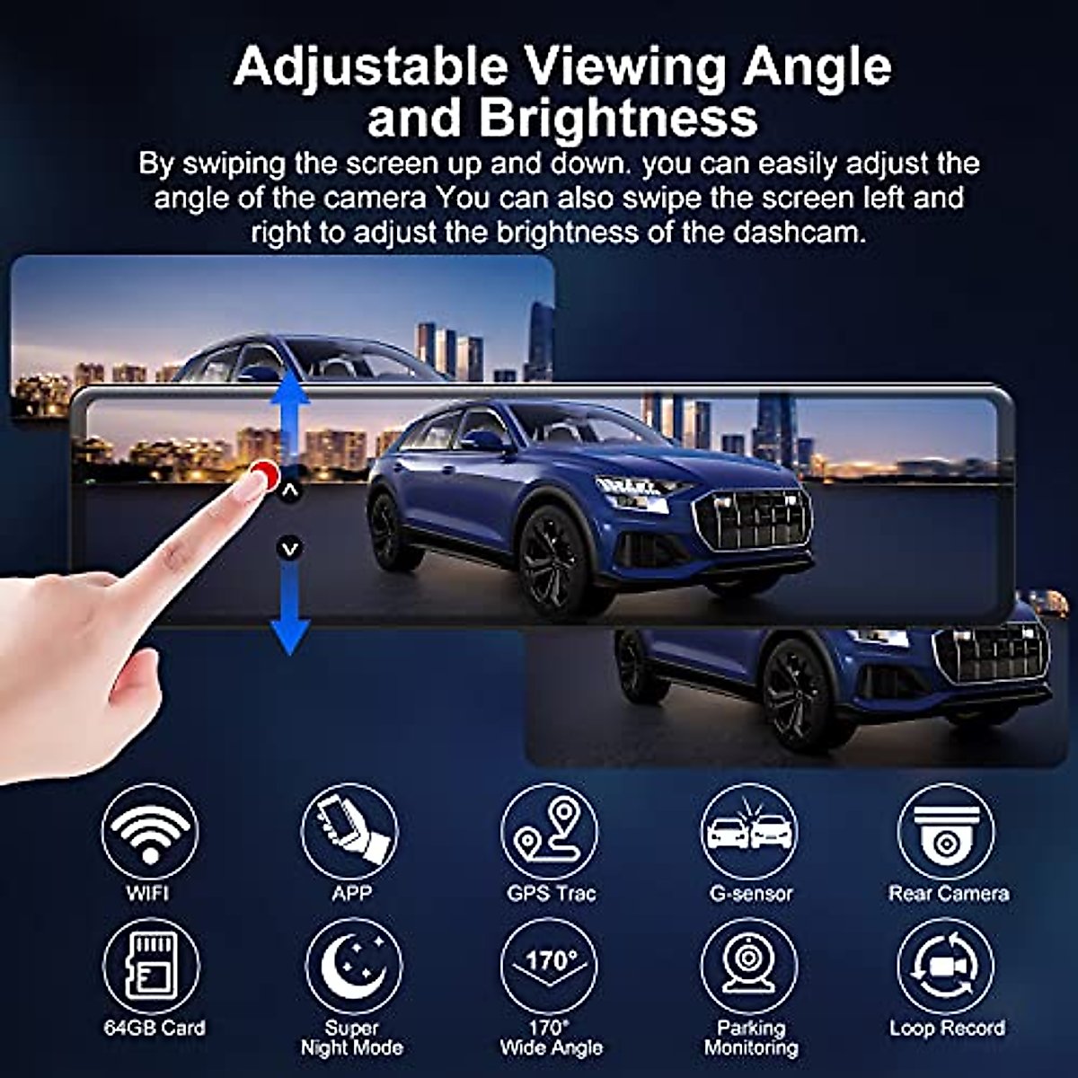 AmazeFan NT880 Mirror Dash cam Front 2K，12'' Touch Screen Dual Dash Camera, Driving Recorder WiFi,170° Wide Angle Night Vision Loop Recording, GPS Tracker, Free 64GB Card, Car Charger