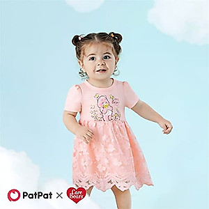 Care Bears Baby Girl Cotton Short-Sleeve Bear Print Spliced Embroidered Mesh Dress incarnadinepink 3-6 Months