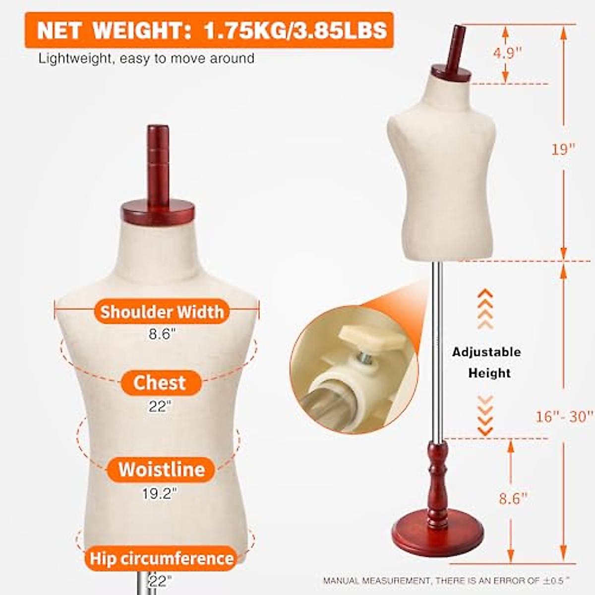 Child Mannequin, Kid Dress Form Mannequin Torso Adjustable Height Unisex Toddler Mannequin Body with Solid Wooden Base, for Clothing Dress Jewelry Display, (Brick red, 2-3 Years Old)