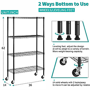 YRLLENSDAN 4-Tier Storage Shelves Organizer with Wheels NSF Wire Shelving Rack Adjustable Metal Shelves for Pantry Kitchen (36" L x 14" W x 62" H,Black)