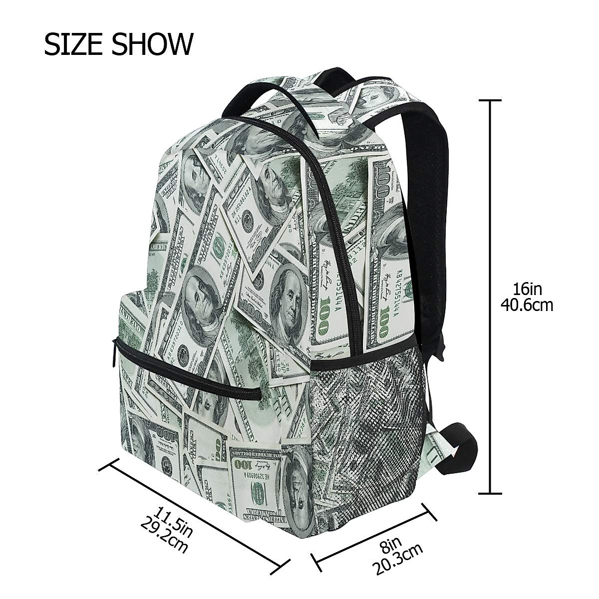 Backpack Funny American Dollar Money Adults School Bag Casual College Bag Travel Zipper Bookbag Hiking Shoulder Daypack for Women Men