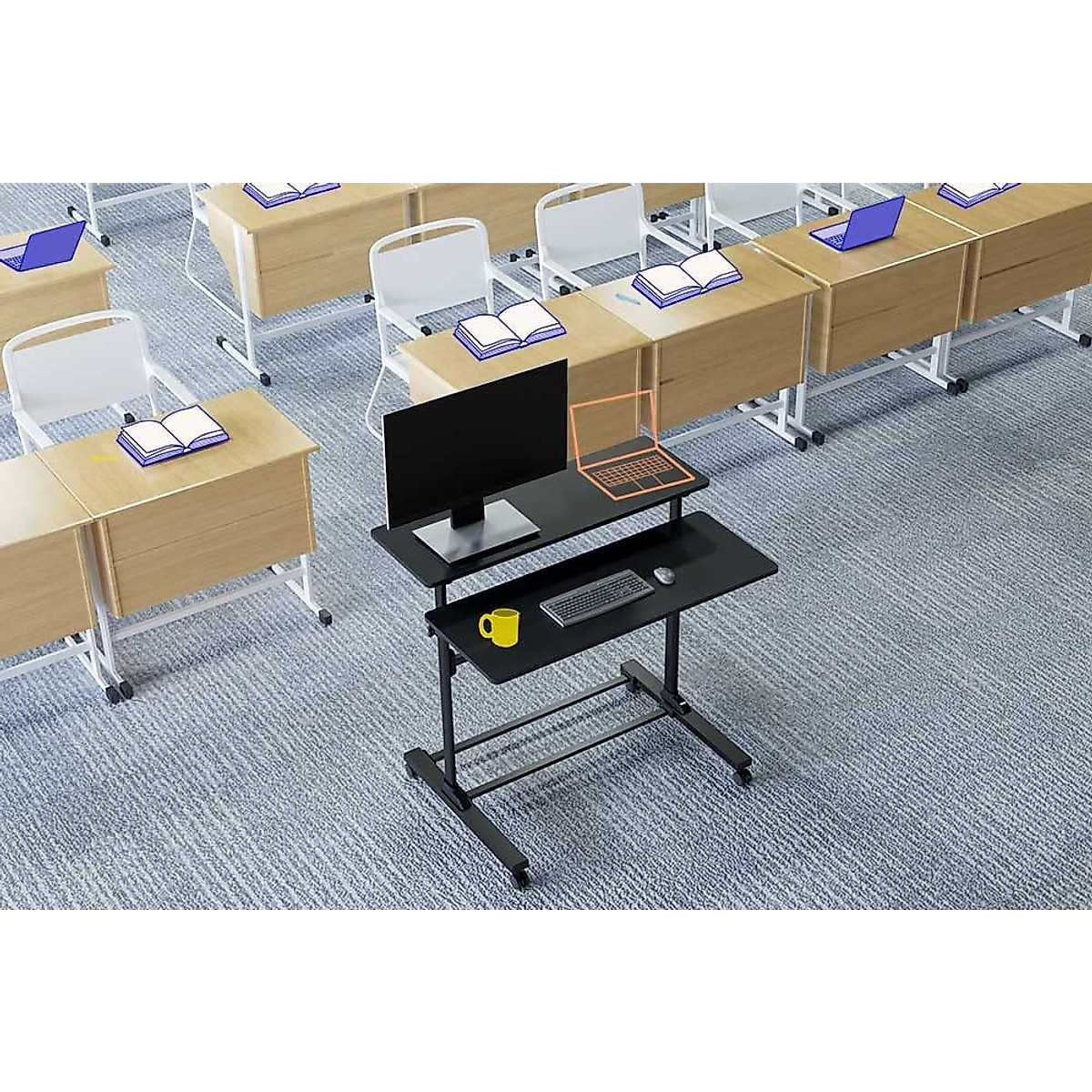 Stand Steady Tranzendesk | Height Adjustable Teacher Desk on Wheels | Mobile Standing Desk with Shelf | Two Level Portable Workstation | Stand Up Desk for Presentations (Black/40x28in)