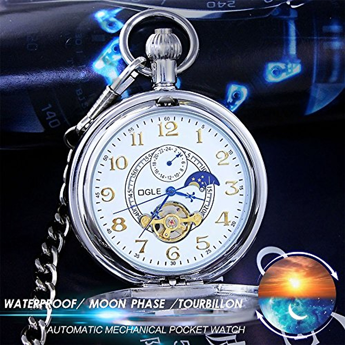 OGLE Waterproof Classics Roman Tourbillon Phases Moon Chain Fob Skeleton Automatic Mechanical Pocket Watch (Silver Case&White)