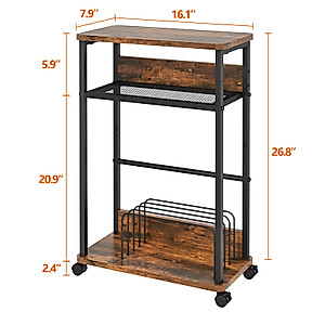 Livofloral Narrow Side Table with Wheels, 3 Tier Small End Tables for Small Spaces, Sofa Table with Magazine Rack, Skinny Nightstand Table with Storage Shelf for Living Room, Bedroom, Brown