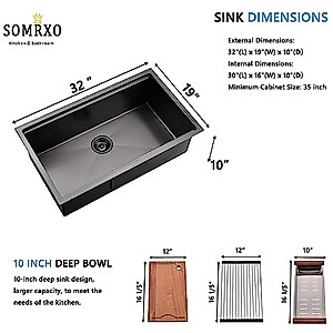 SOMRXO 32 Inch Black Undermount Workstation Kitchen Sink 32×19 Kitchen Sink Undermount 16 Gauge Gunmetal Black Stainless Steel Kitchen Sink 10 Inch Deep Single Bowl Kitchen Sinks With Accessories