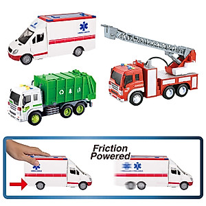 JOYIN 3 PC 1:16 Big Friction Powered City Play Vehicle Toy Set Including, Fire Engine Rescue Truck, Ambulance, and Recycling Garbage Truck, Vehicle Toy with Lights and Sound Siren