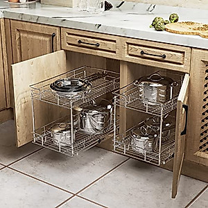 ROOMTEC New Version Pull Out Cabinet Organizer for Base Cabinet (11" W X 18" D), Kitchen Cabinet Organizer and Storage 2-Tier Cabinet Pull Out Shelves Under Cabinet Storage for Kitchen Silver,Chrome