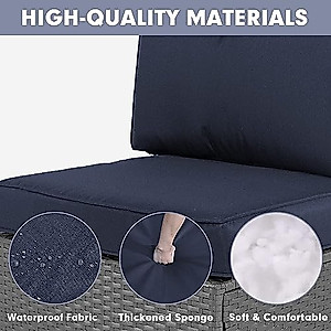 Betterland 7 Piece Outdoor Sectional Sofa Patio Furniture Set, All-Weather PE Grey Wicker Patio Conversation Set with Washable Cushion and Glass Table,Outdoor Propane Heater(Dark Blue Cushions)