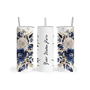 Personalized Flowered Skinny Tumbler 20Oz, Stainless Steel with lid, Straw, Brush and Non-Slip Base. Keep Drinks Hot or Cold. Use like Water Bottle, Coffee Mug, Travel Mug, Wine Cup. (Navy Blue)