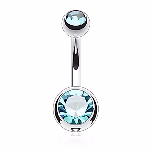 FIFTH CUE 14G Grade 23 Solid Titanium Double Gem Ball Naval Belly Button Ring (1/2" (12mm) 5 & 8mm Aqua)