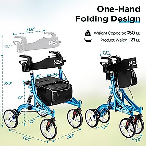 HEAO Rollator Walker with Seat for Seniors,4 x 10" Wheels Upright Walker with Shock Absorber,Padded Backrest and One-Hand Folding Design,Lightweight Mobility Walking Aid with Handle to Stand up,Blue