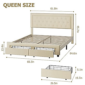 Queen Bed Frame with 2 Storage Drawers, Fabric Upholstered Platform Bed Frame with Deep-set Pattern Button Tufted Headboard, Sturdy Wood Slats Support Mattress Foundation, No Box Spring Needed, Beige