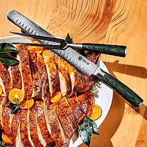 HexClad Carving Knife and Fork Set, 10-Inch, Japanese Damascus Stainless Steel Blade Knife with Full Tang Construction and 2-Pronged Fork, Pakkawood Handles