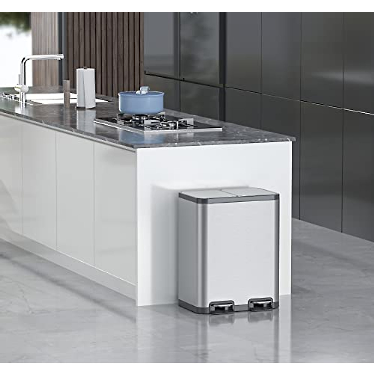 ELPHECO Dual Compartment Recycling Kitchen Step Trash Can 2×6.6 Gallon Stainless Steel Garbage Can for Kitchen with 2 Removable Buckets and Lids