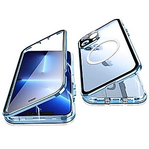 Jonwelsy Case for iPhone 13 Pro Max, 360 Degree Double-Sided Protection Compatible with Magsafe Magnetic Adsorption Metal Bumper Front Tempered Glass Back Frosted PC Cover for 13 Pro Max 6.7" (Blue)