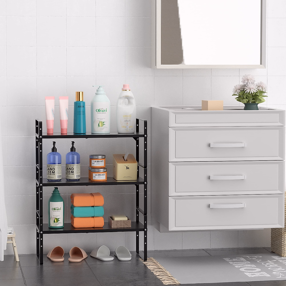 iPEGTOP Expandable Cabinet Storage Shelf Organizer, Heavy Duty Steel Metal Spice Rack Adjustable Height Home Office Garage Pantry Shelf Space Riser for Counter Kitchen Organization, Black, 1 Pack